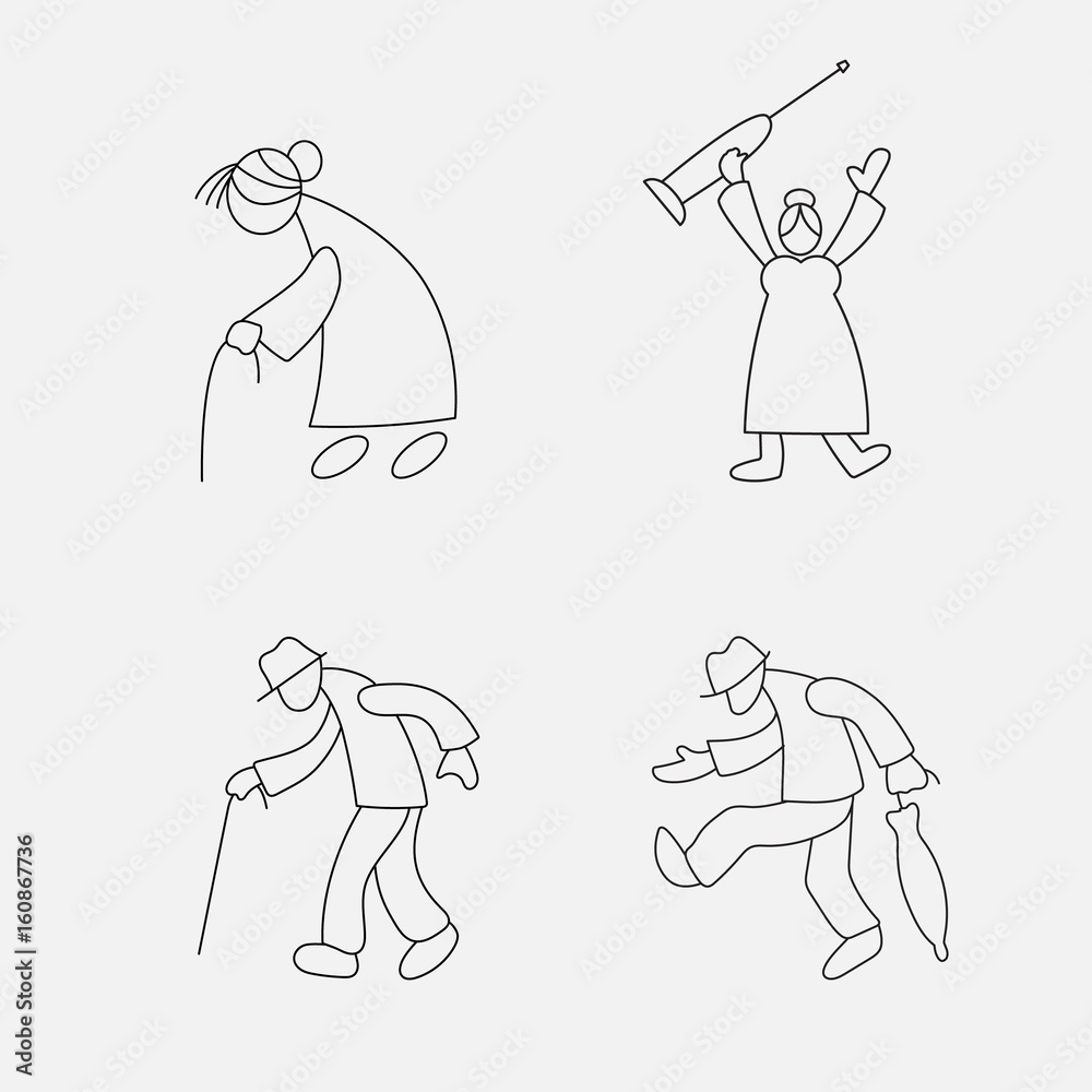 Cartoon icons set of sketch little people in cute miniature scenes ...