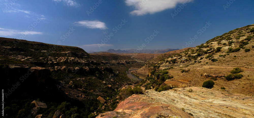 Landscape with the agriculture field, canyon of Makhaleng river around ...