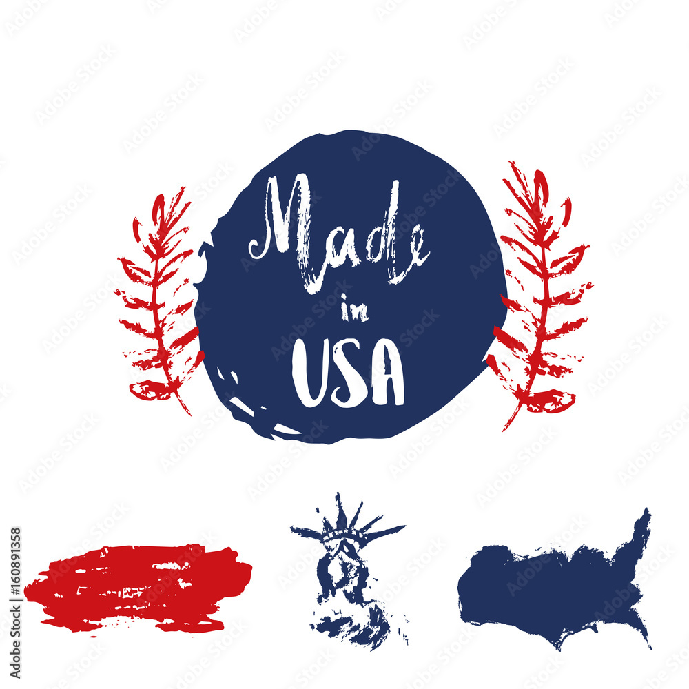 Made in USA set of grunge hand drawn labels with country map and statue ...