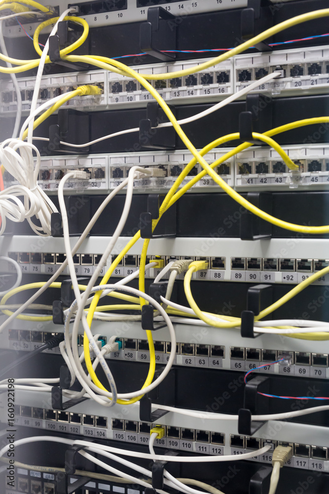 Telecommunication server front side showing wiring and swiching. Stock ...