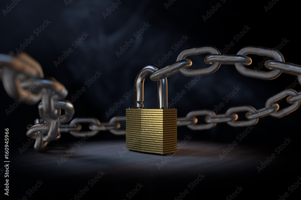3D goldenes Buegelschloss zur Sicherheit. Eine Eisenkette einseitig am ...