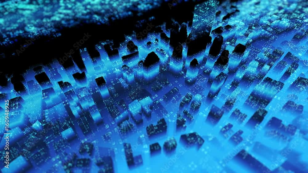 3d rendered city background. Abstract building structures with scanning ...