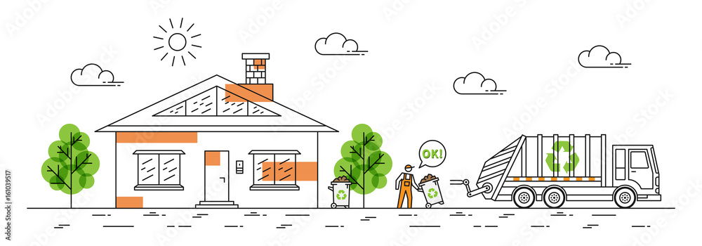 House and garbage truck with recycle sign vector illustration. Dustman ...