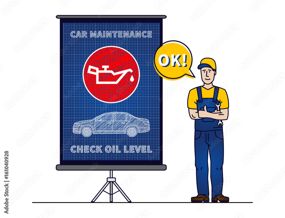 Serviceman with check motor oil level chart board vector illustration ...