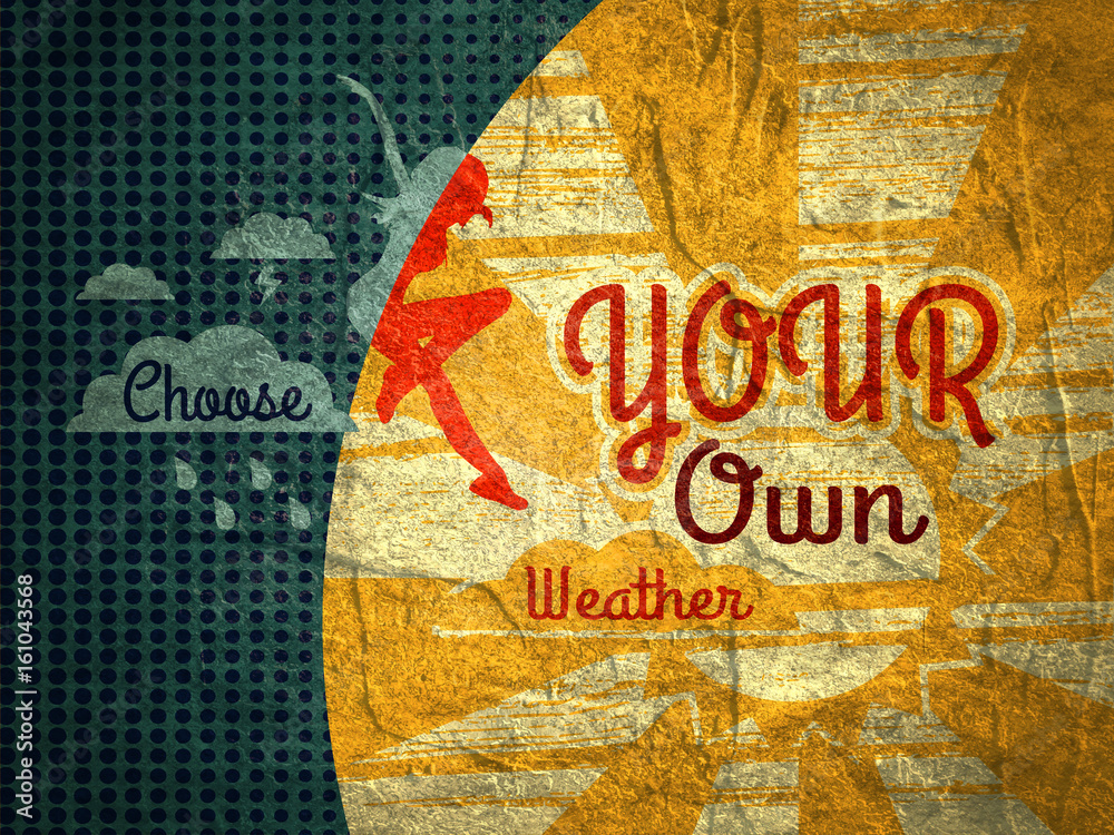 Woman is jumping from rainy cloud to the sun . Weather forecast icons ...