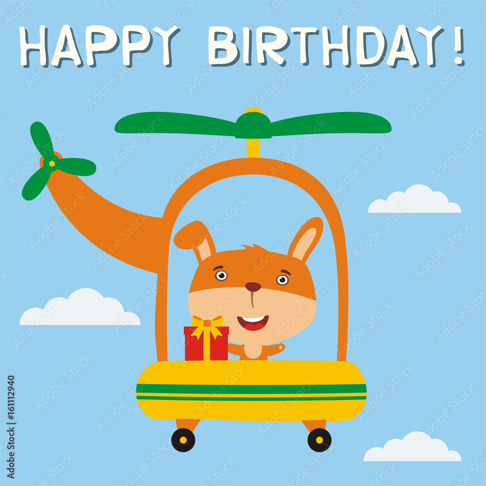 Happy birthday! Funny bunny rabbit with birthday gift flying on ...