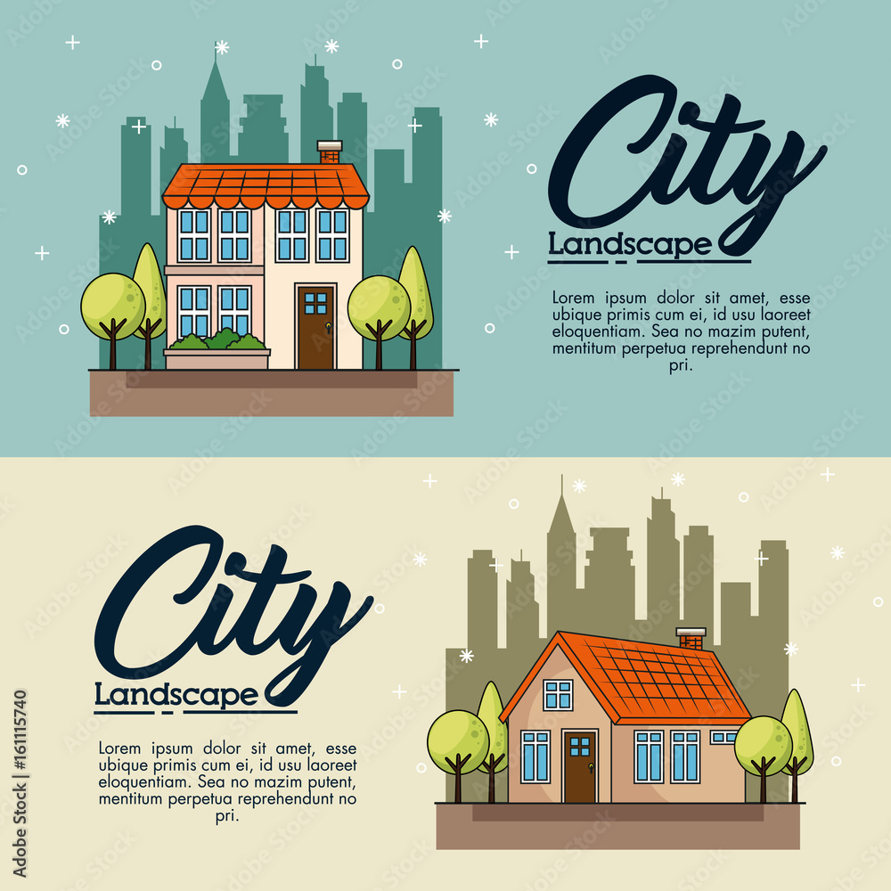 City landscape infographic with beautiful houses city skyline and trees ...