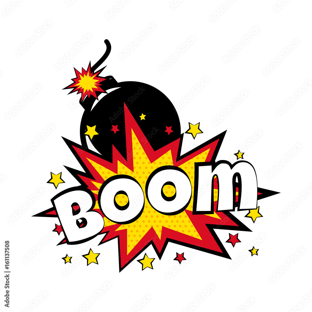 Cartoon comic boom bubbles labels with text and elements with halftone ...