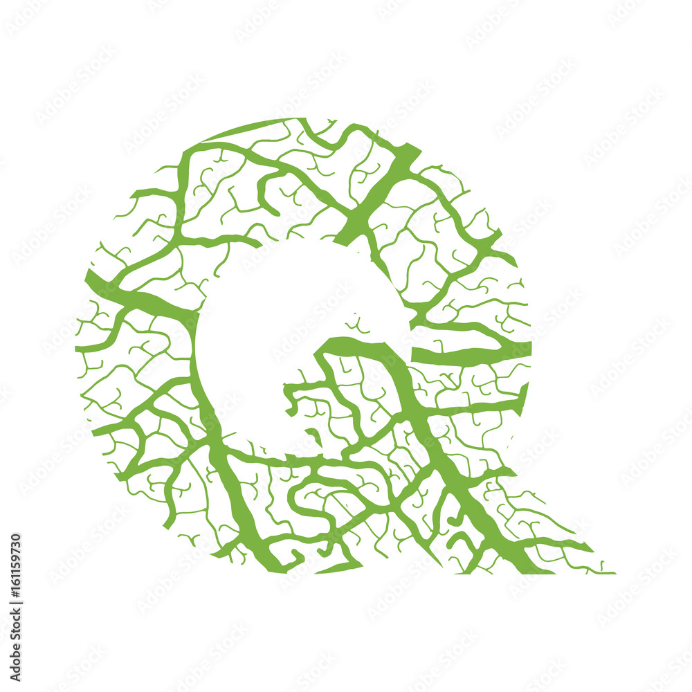 Nature alphabet, ecology decorative font. Capital letter Q filled with ...