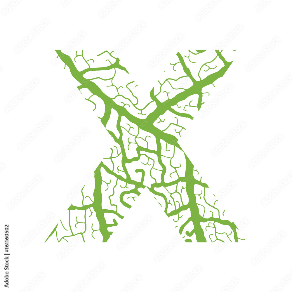 Nature alphabet, ecology decorative font. Capital letter X filled with ...