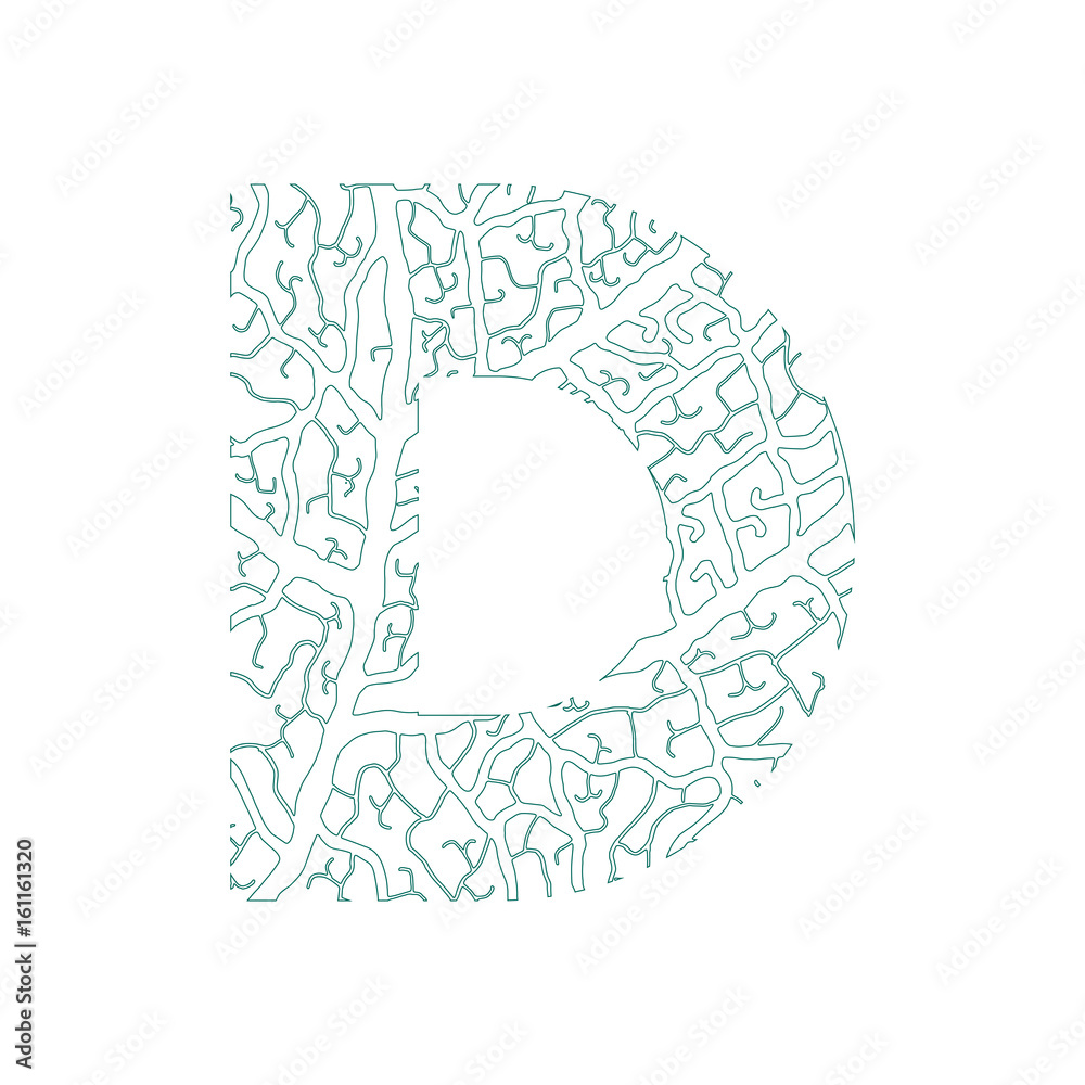Nature alphabet, ecology decorative font. Capital letter D filled with ...