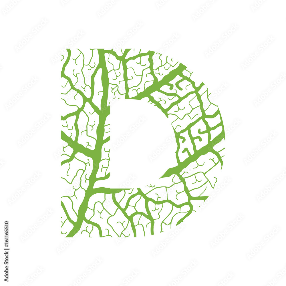 Nature alphabet, ecology decorative font. Capital letter D filled with ...