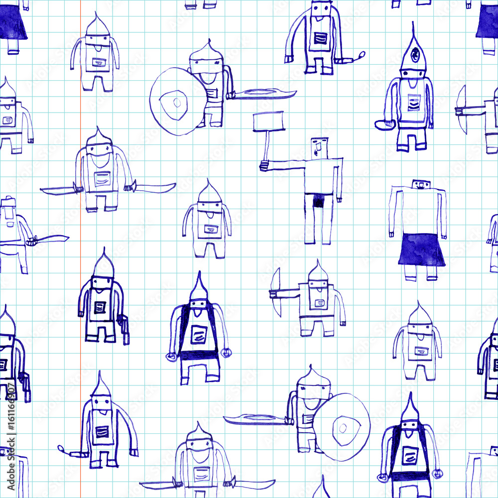 Hero seamless pattern. Classy child's drawing with school pen. Cute ...