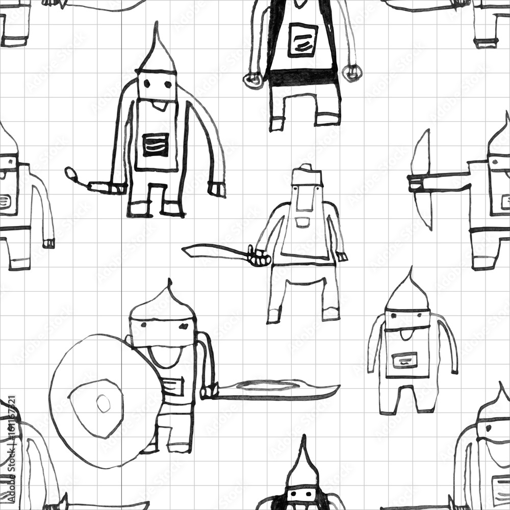 Hero seamless pattern. Fair child's drawing with school pen. Cute hero ...