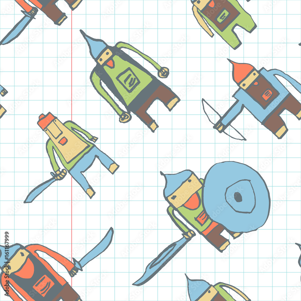 Hero seamless pattern. Majestic child's drawing with school pen. Cute ... Hero seamless pattern. Majestic child's drawing with school pen. Cute ...