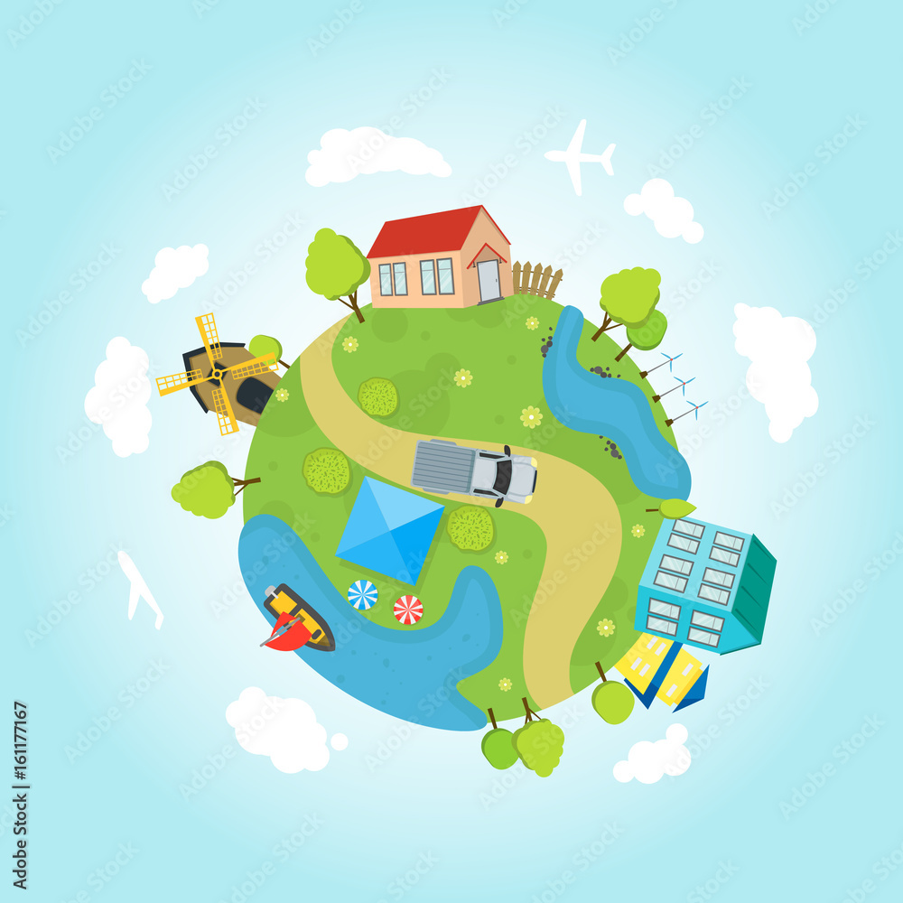 Cartoon Planet Earth with Houses, Ocean, Roads. Vector Stock Vector ...