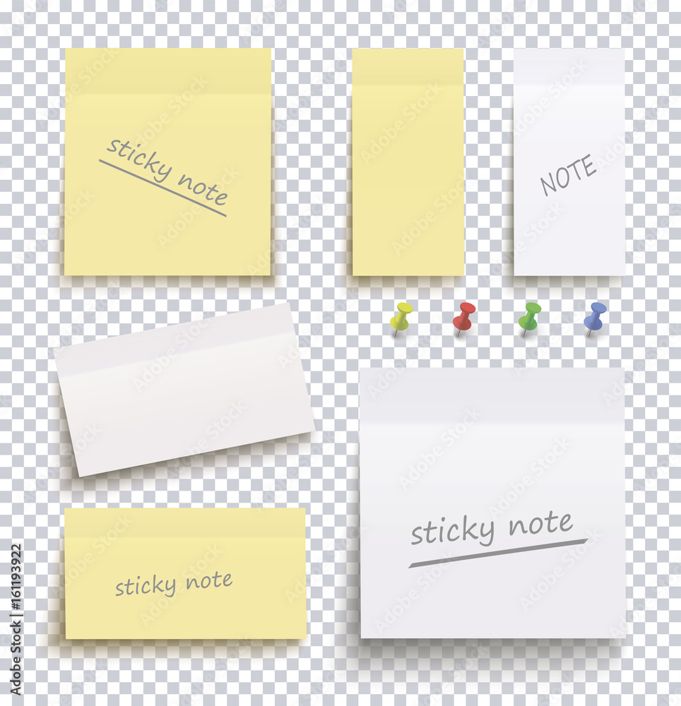 Set Yellow and white sticky note isolated on transparent background.Set ...