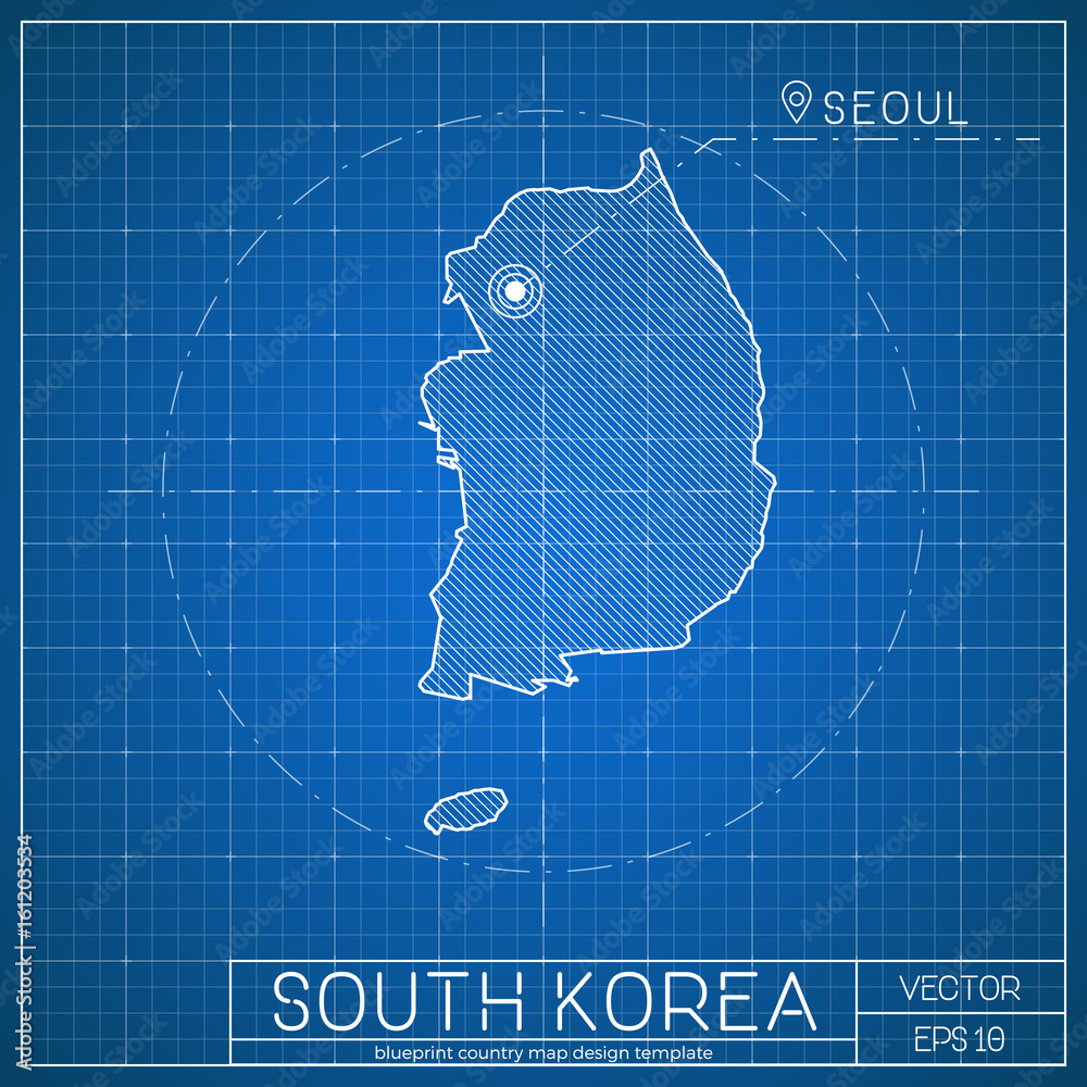 South Korea blueprint map template with capital city. Seoul marked on ...