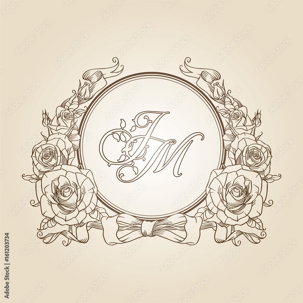 Elegant floral contour monogram design template for one or two letters ...
