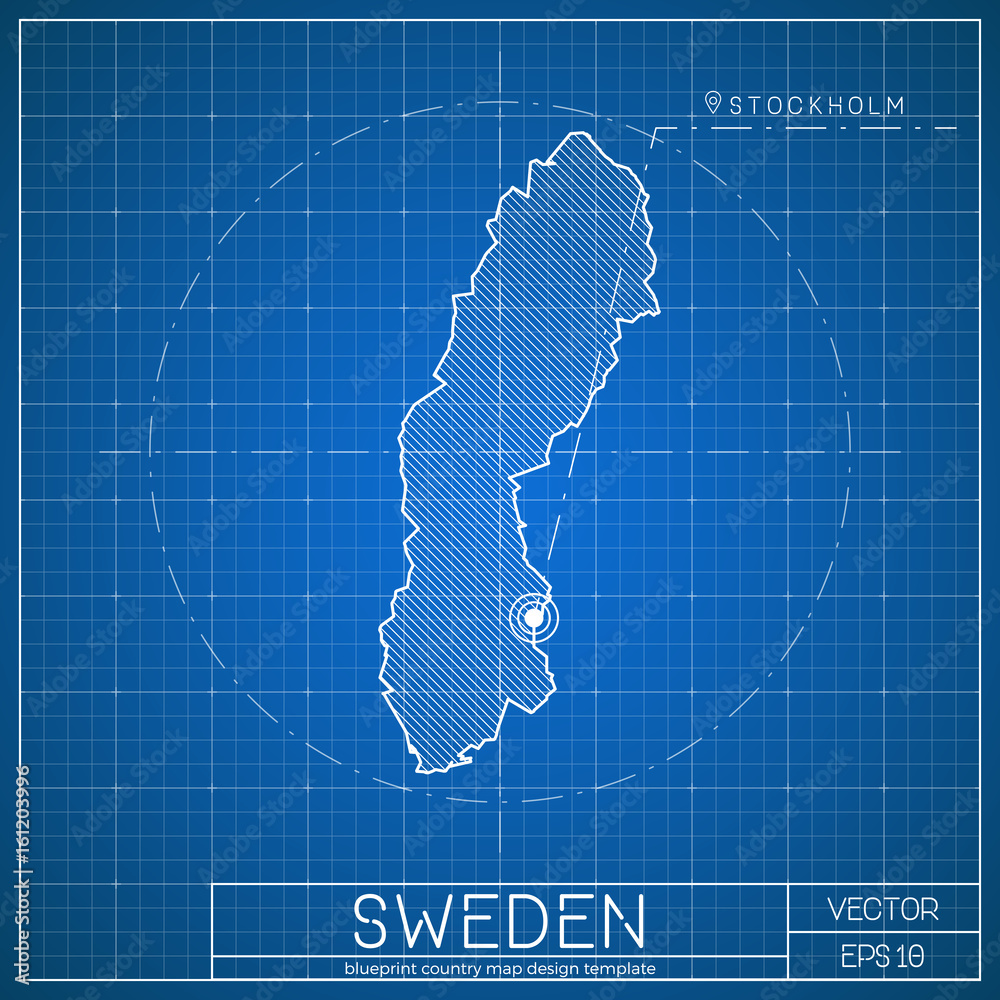 Sweden blueprint map template with capital city. Stockholm marked on ...