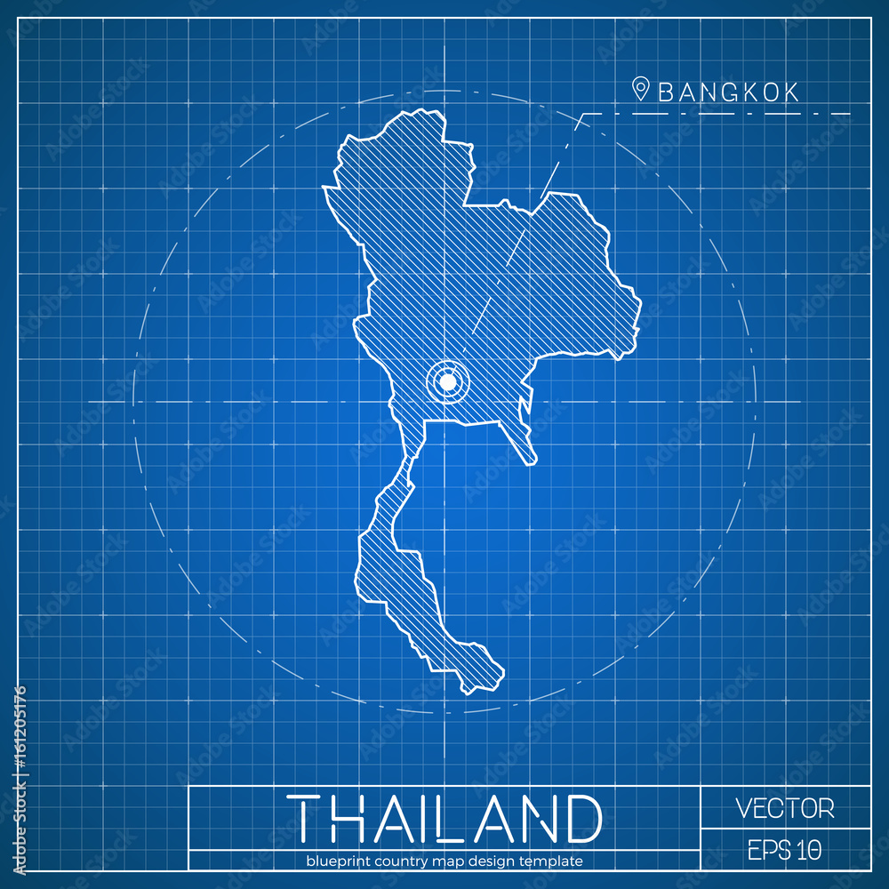 Thailand blueprint map template with capital city. Bangkok marked on ...