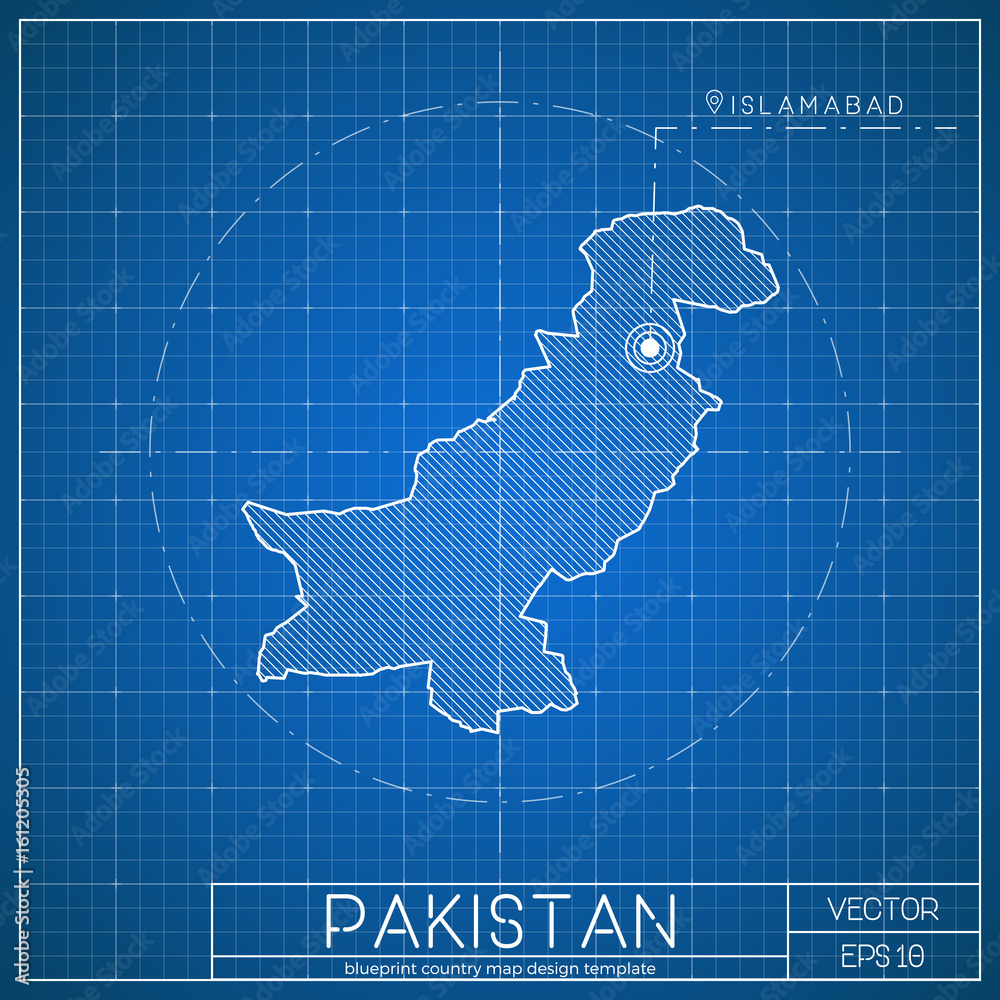 Pakistan blueprint map template with capital city. Islamabad marked on ...