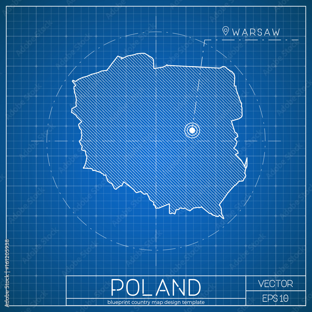 Poland blueprint map template with capital city. Warsaw marked on ...