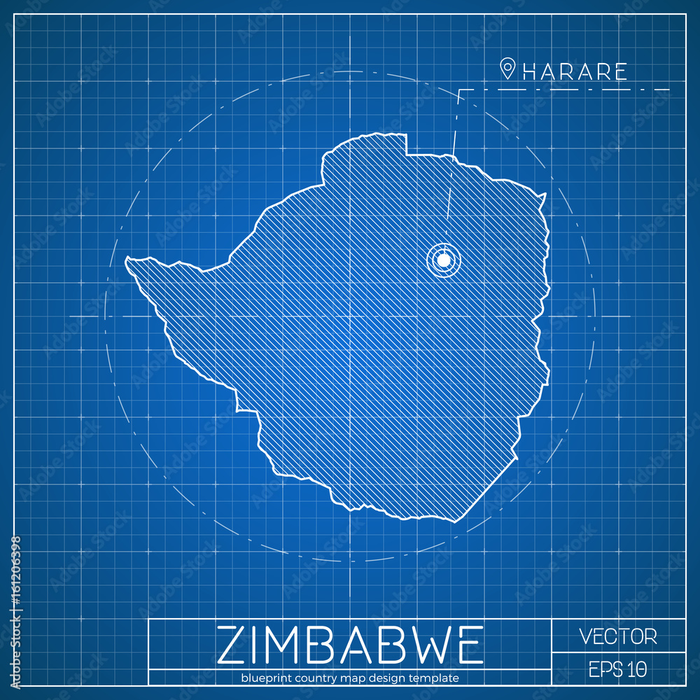 Zimbabwe blueprint map template with capital city. Harare marked on ...