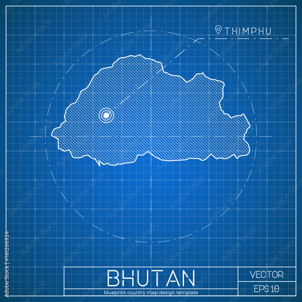 Bhutan blueprint map template with capital city. Thimphu marked on ...