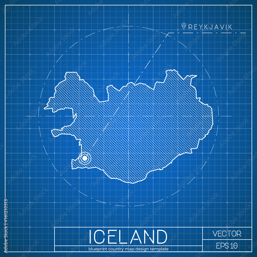 Iceland blueprint map template with capital city. Reykjavik marked on ...