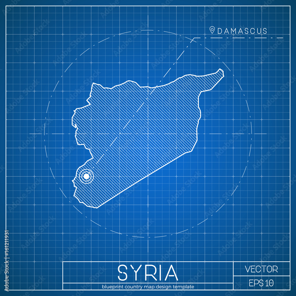 Syria blueprint map template with capital city. Damascus marked on ...