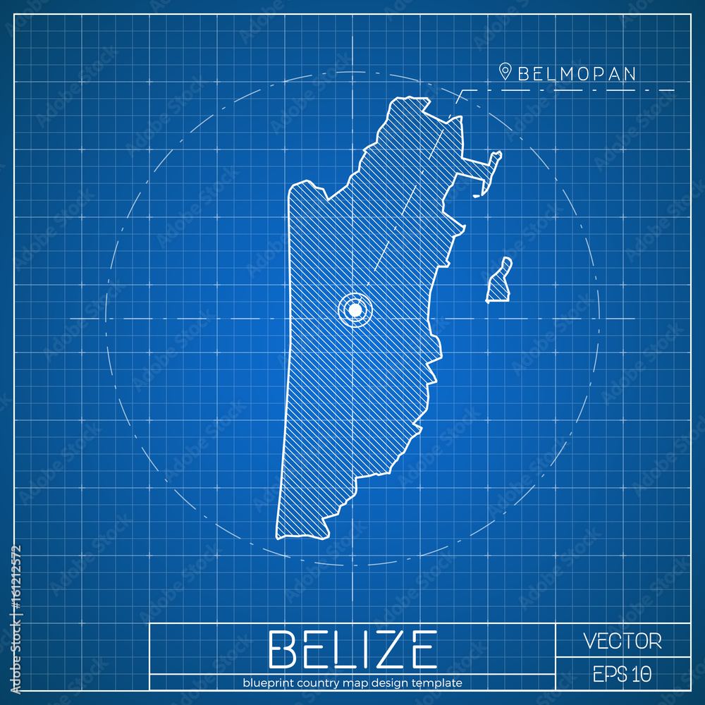 Belize blueprint map template with capital city. Belmopan marked on ...