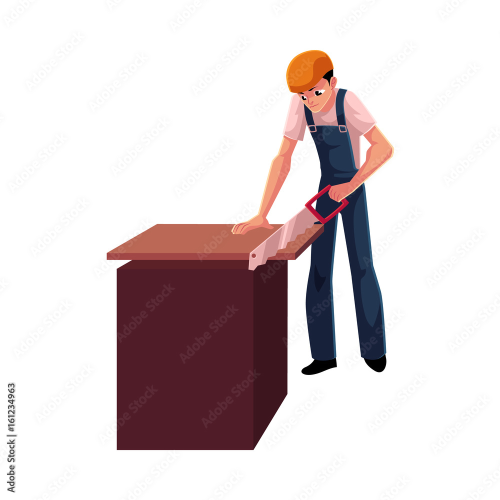Construction worker, builder, carpenter sawing wooden plank, cartoon ...
