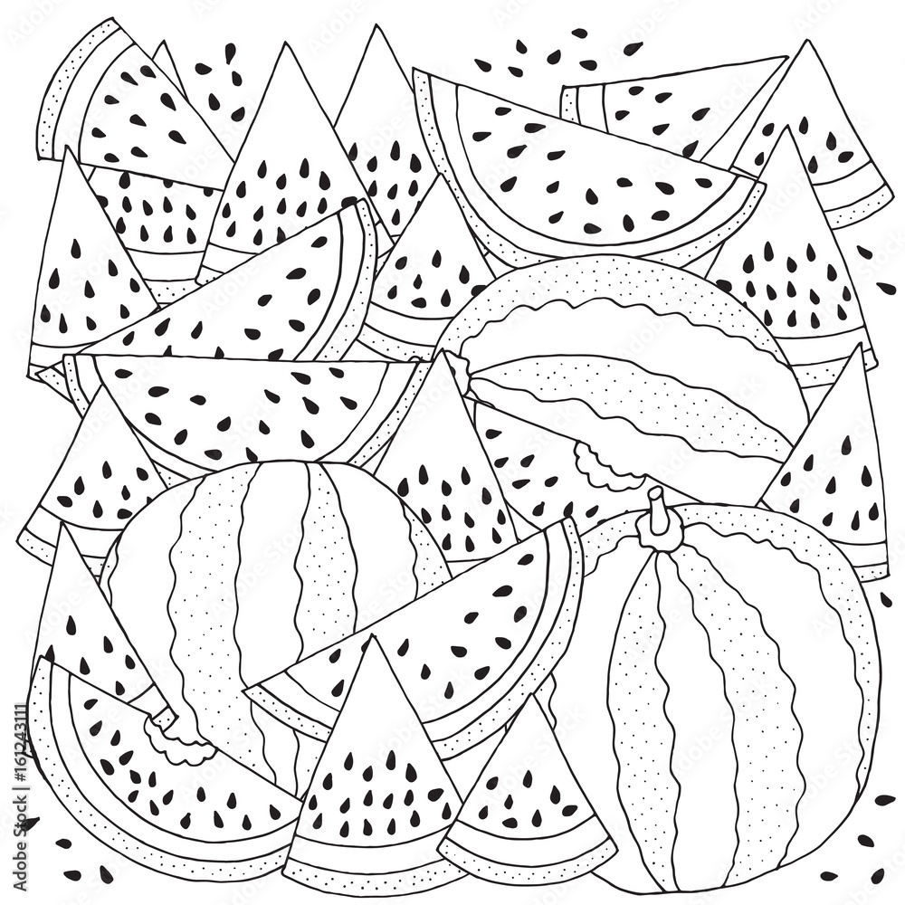Pattern for coloring with Watermelon. Black and white vector ...