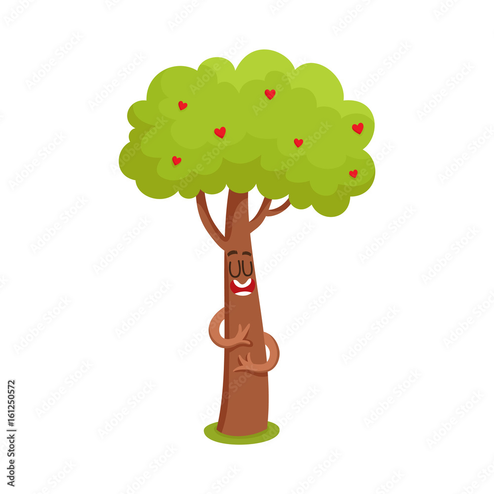Funny comic tree character hugging itself, heart in leaves, symbol of ...