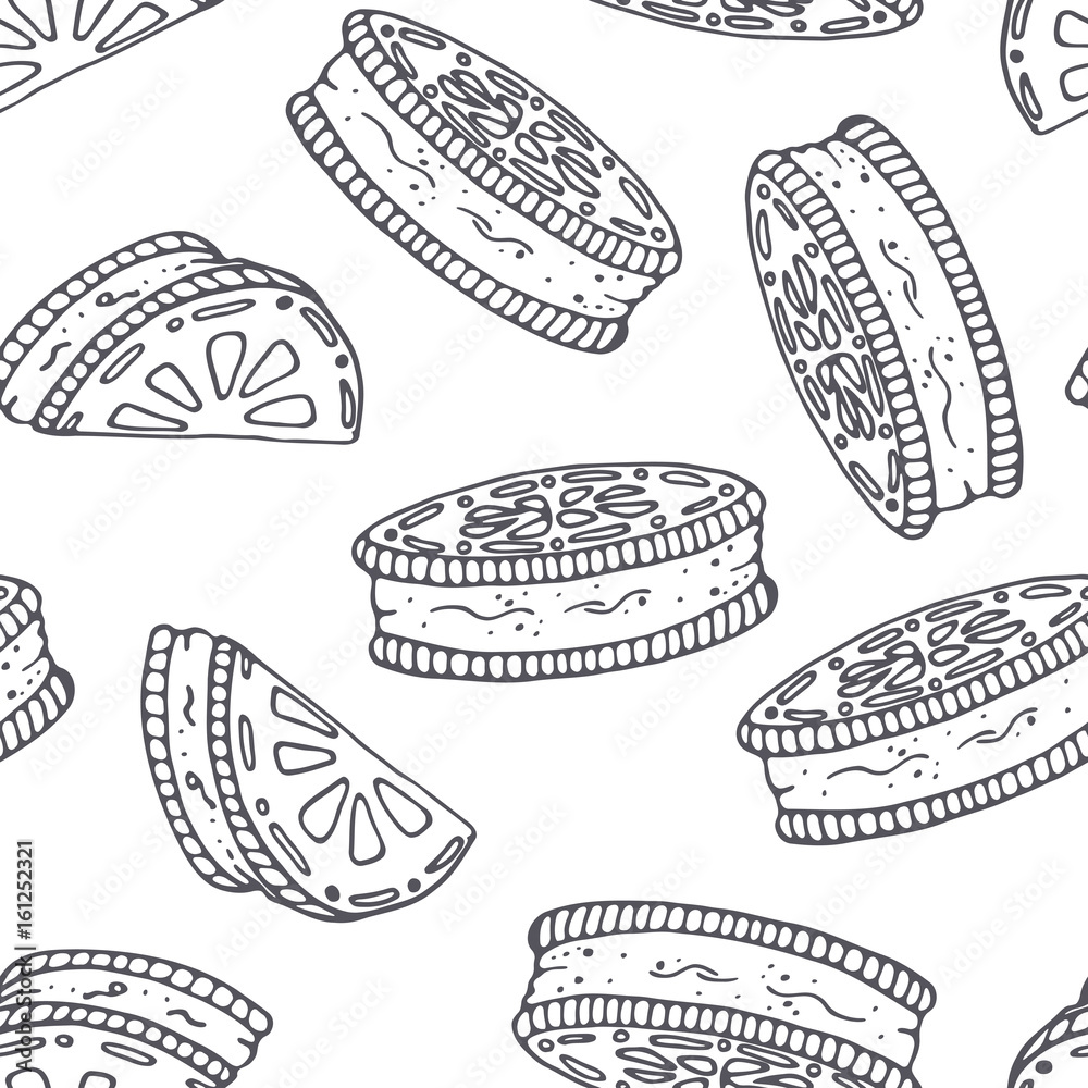 Hand drawn outline seamless pattern with cookie. Black and white food ...