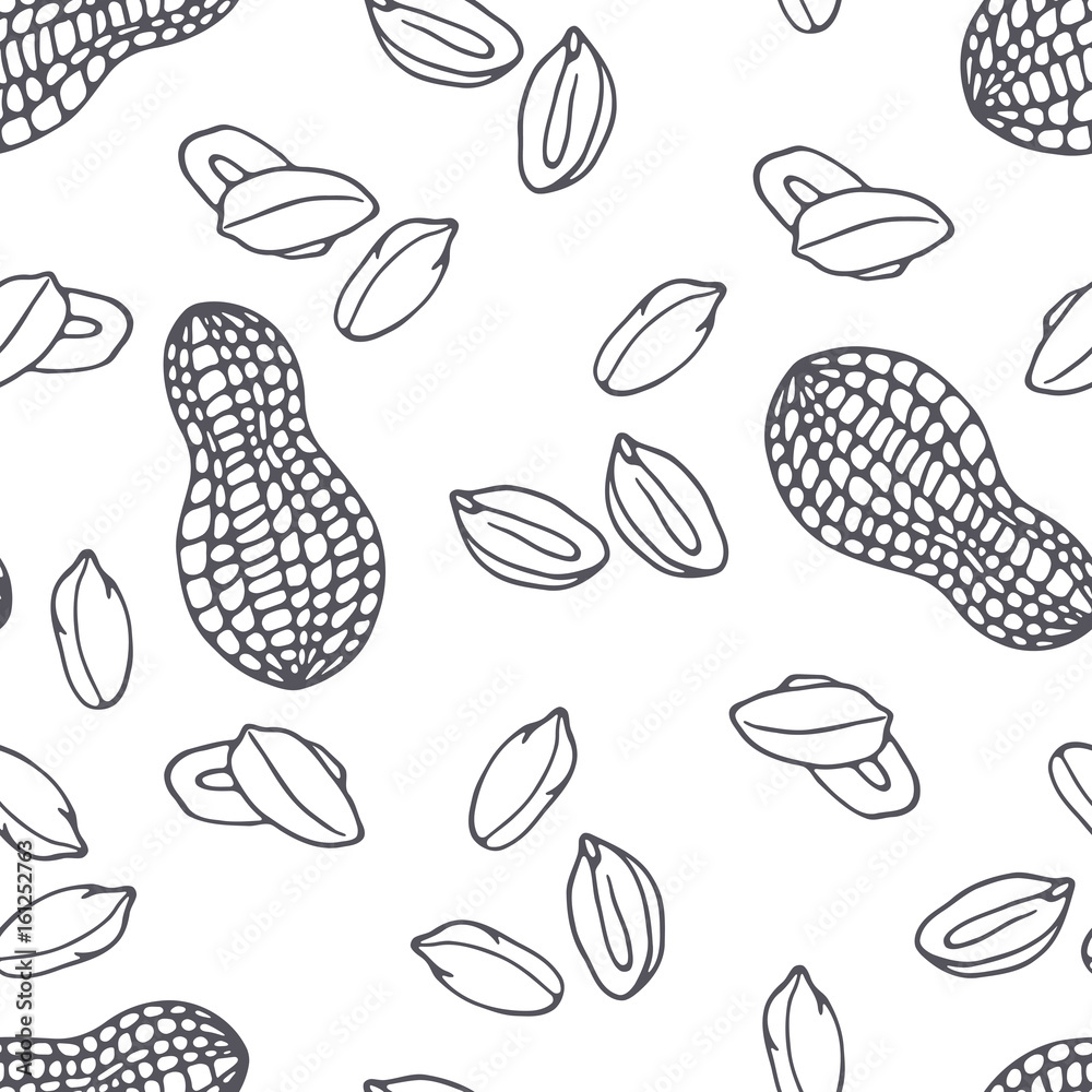 Hand drawn outline seamless pattern with peanuts. Black and white food ...