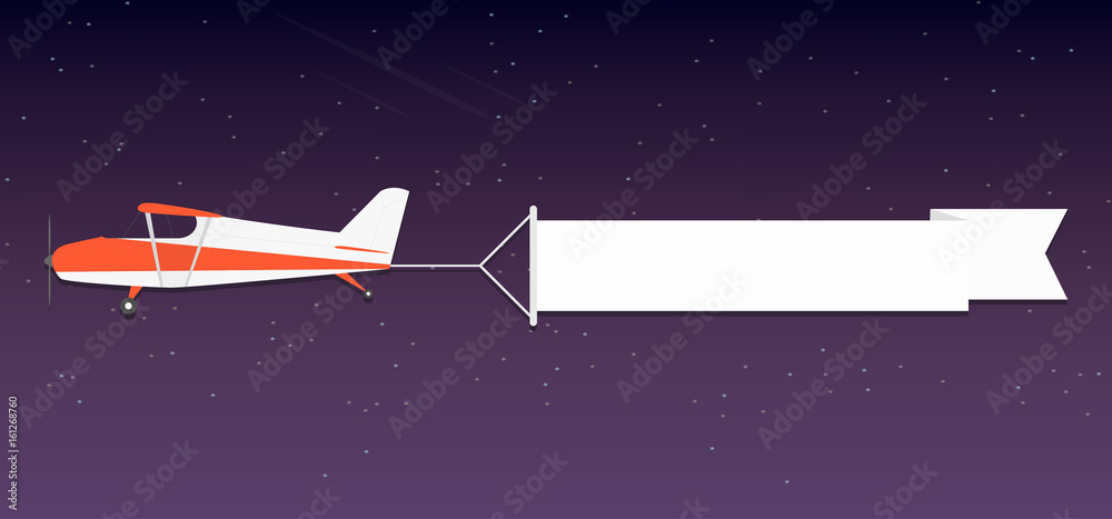 Flying advertising banner. Plane with horizontal banner in night outer ...