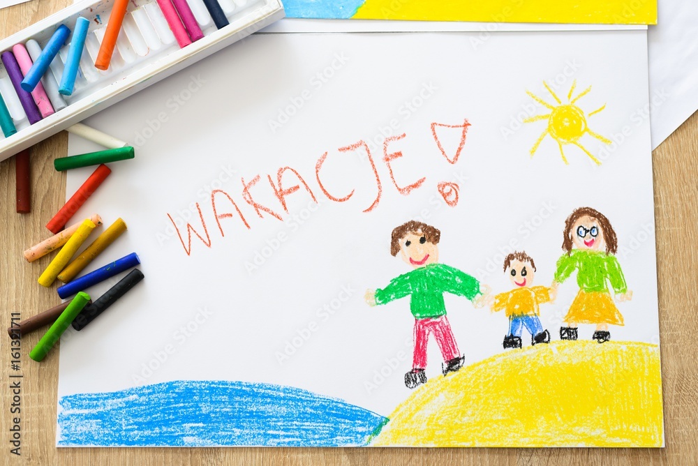 Vacation oil pastel children drawing of happy family on the beach Stock ...