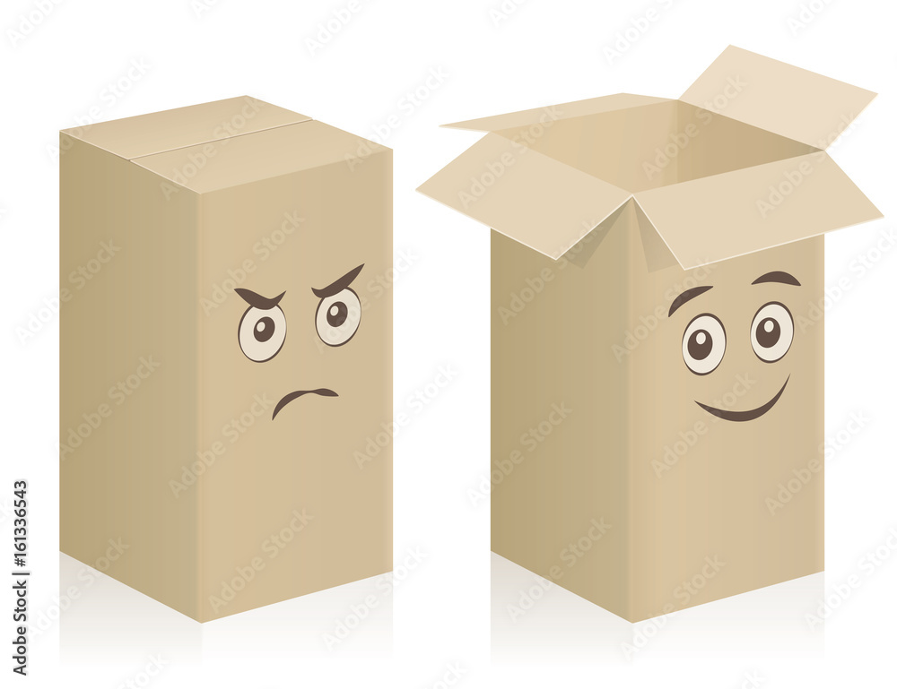 Comic carton boxes with angry and happy face, closed and opened ...