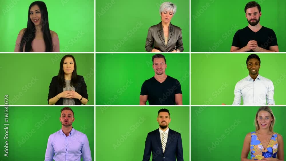 4K compilation (montage) - group of nine people talk to camera - green ...