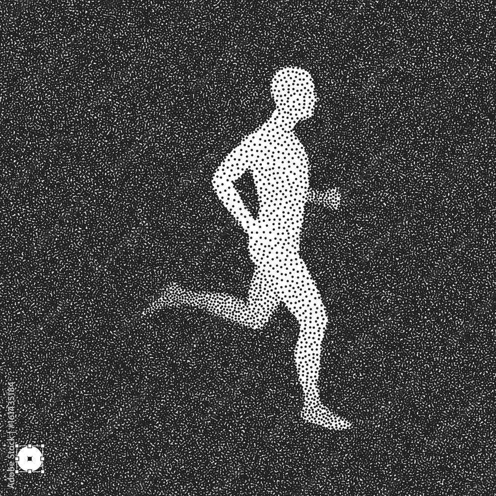 Running man. 3D model of man. Black and white grainy dotwork design ...