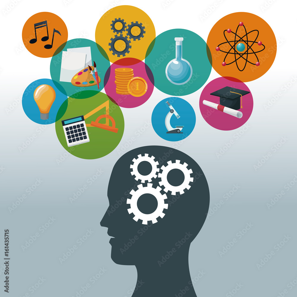 color background human head with mechanisms and bubbles icon knowledge ...