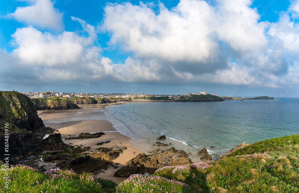 Newquay, Cornwall. Showing Tolcarne, Great Western and Towan Beaches to ...