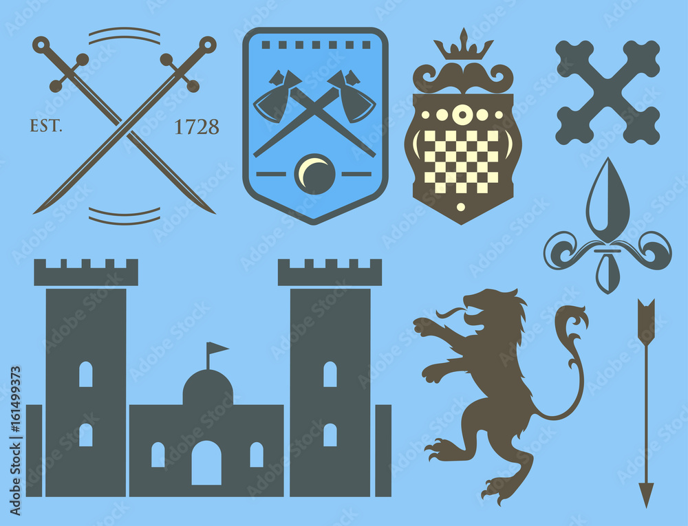 Heraldic royal crest medieval knight elements vintage king symbol ...