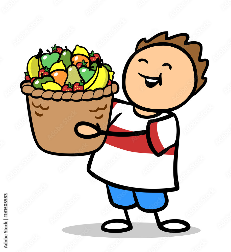 Dickes Kind hält großen Obstkorb Stock-Illustration | Adobe Stock