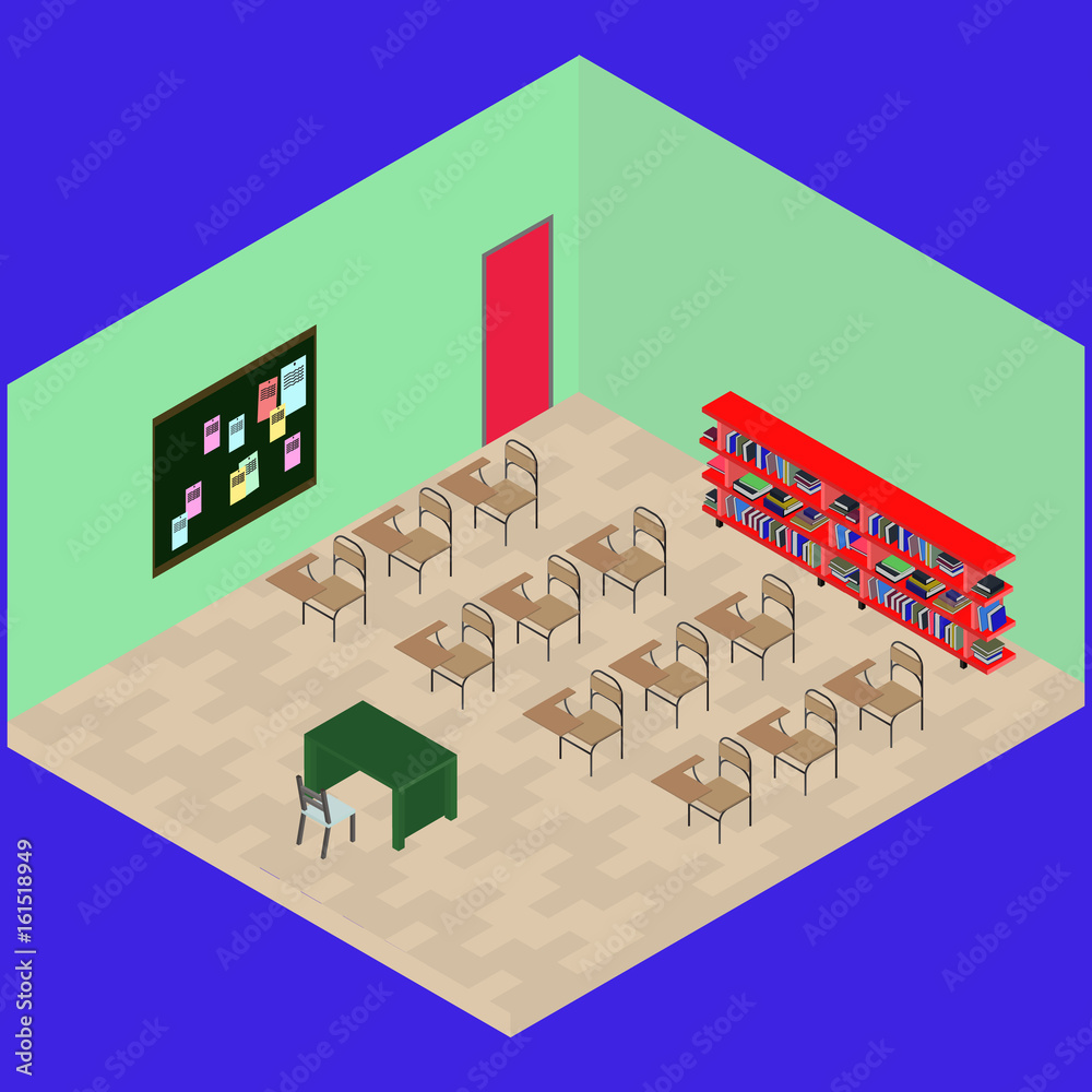 Isometric classroom with object: desk, book shelves, table, chair, note ...