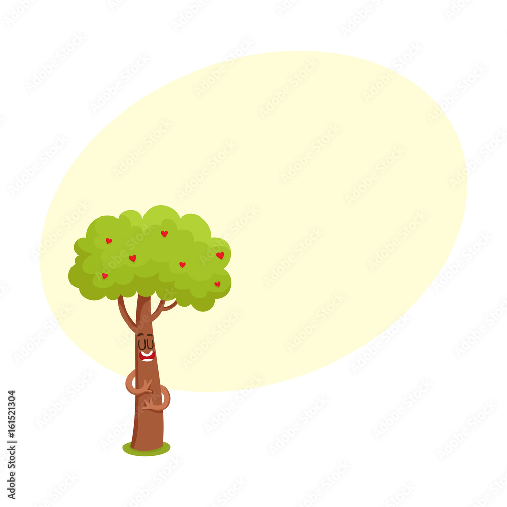 Funny comic tree character hugging itself, heart in leaves, symbol of ...