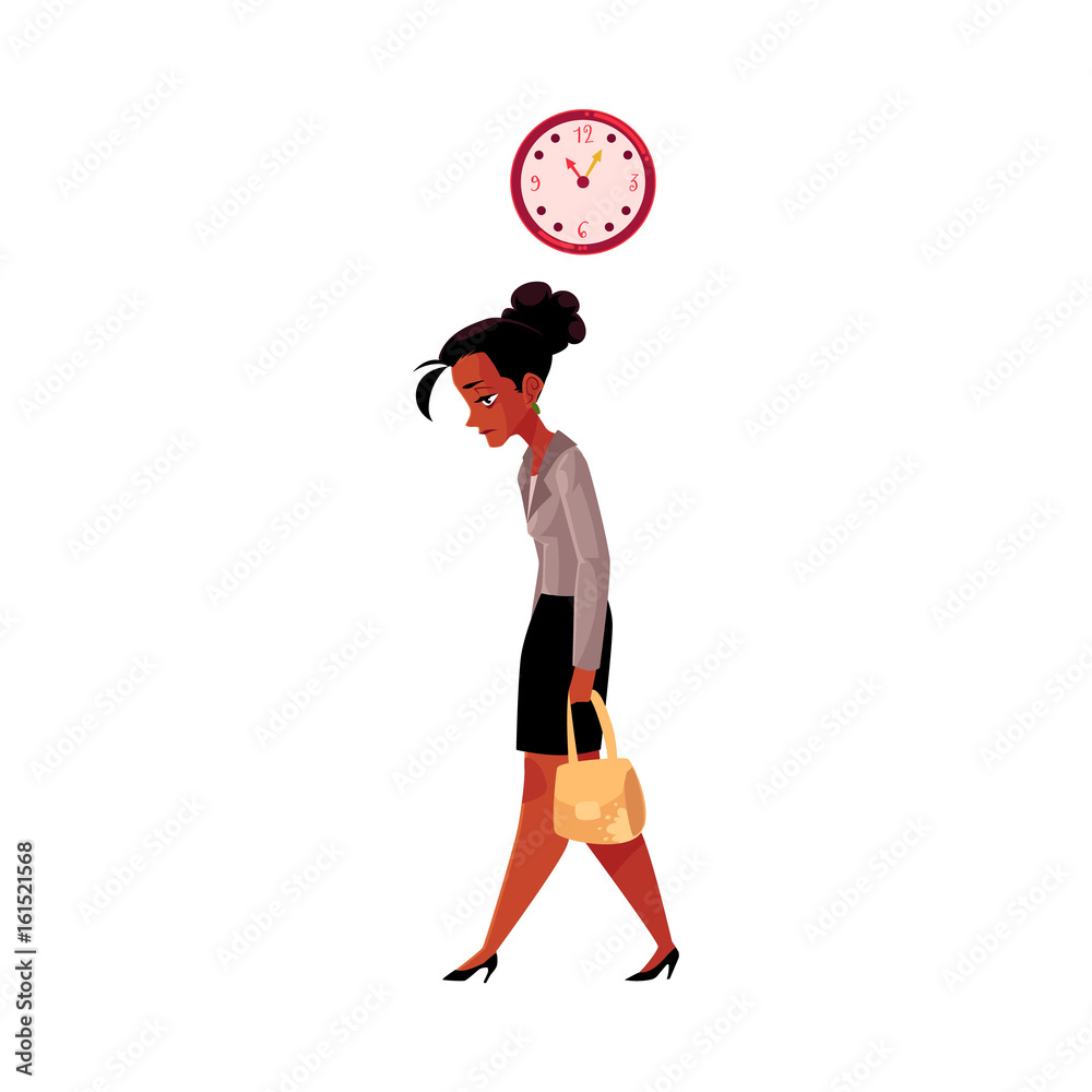 Tired black, African American businesswoman, going home after work ...