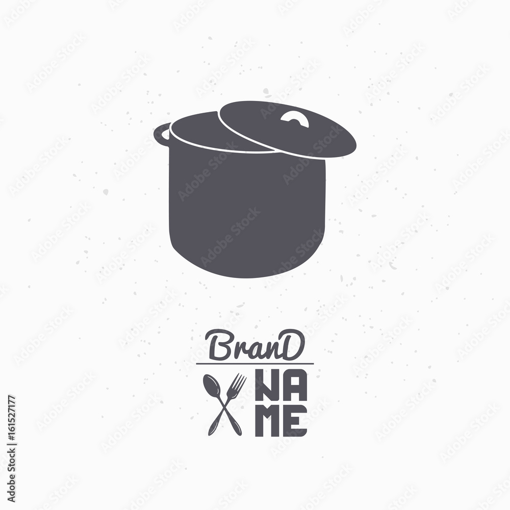Hand drawn silhouette of stock pot. Restaurant logo template for craft ...